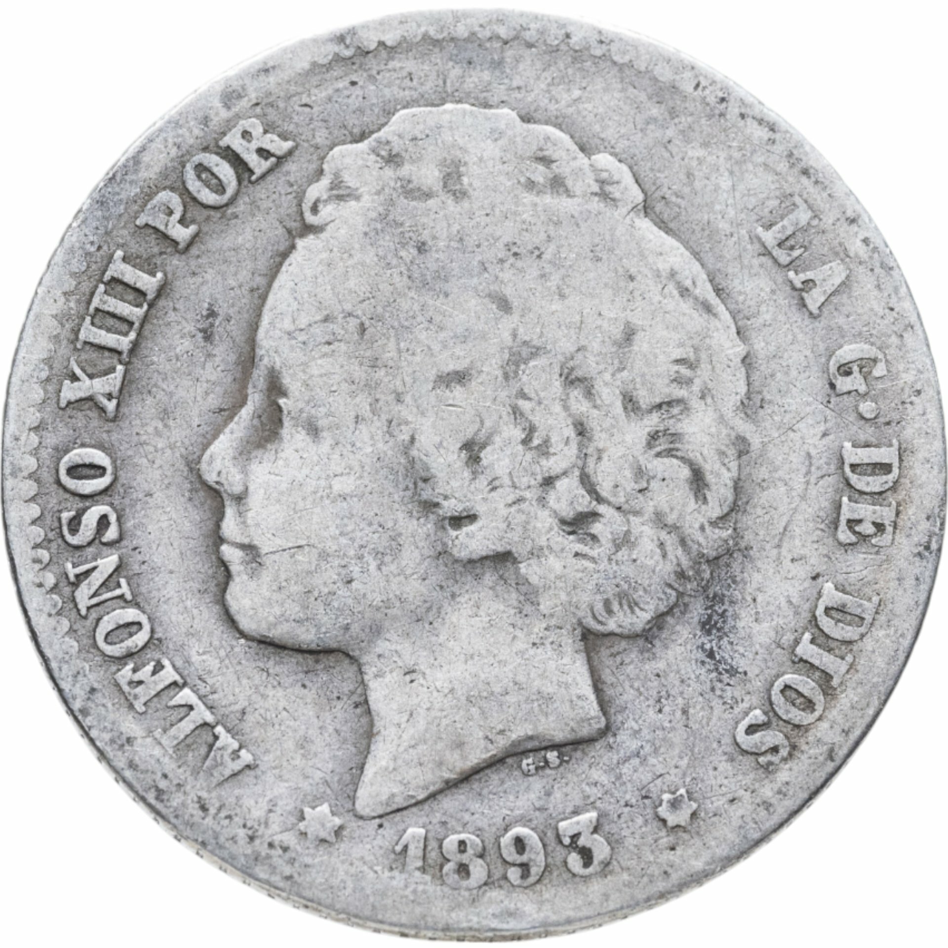 Испания 1 песета peseta 1893, Серебро 835, в сохранности F