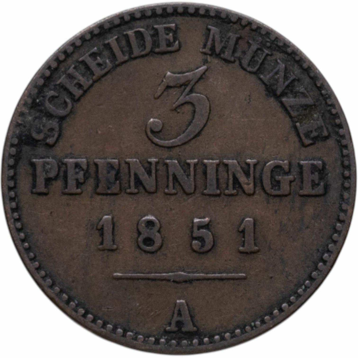 Пруссия 3 пфеннига 1851 A, Медь, в сохранности XF