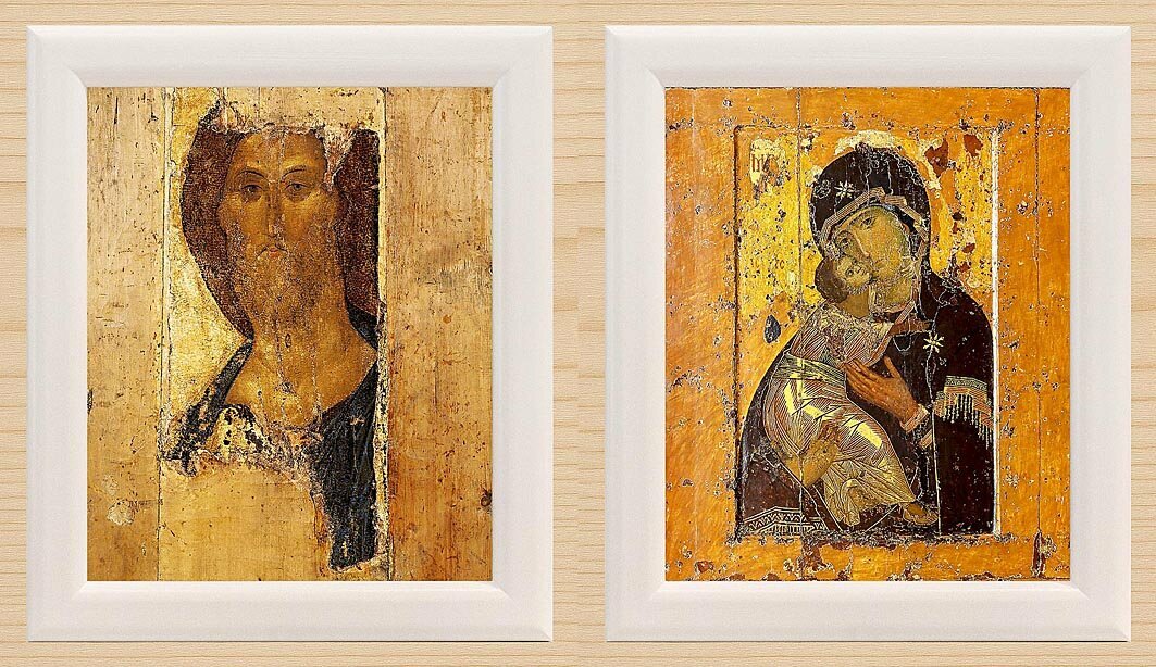Венчальная пара "Спас Вседержитель (Андрей Рублев, 1410 г) - Владимирская икона Божией Матери (XII в)", две иконы в широких белых деревянных рамках 21,5*25 см