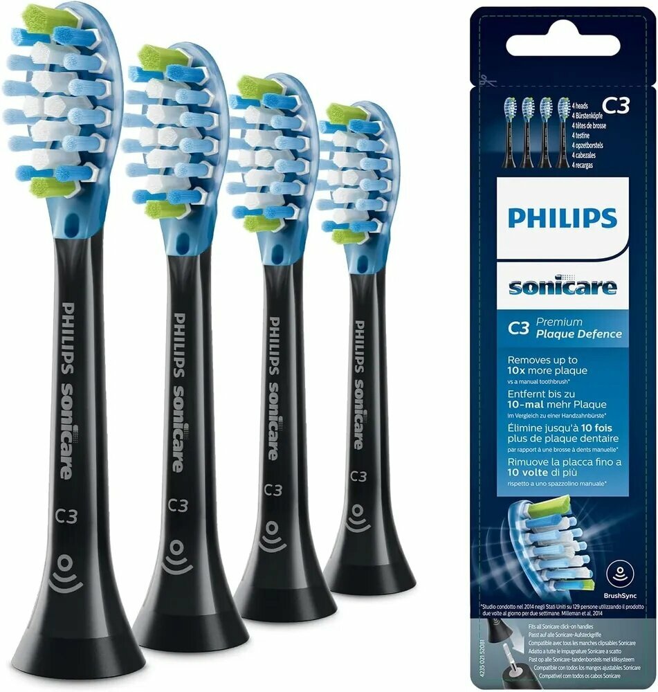 Стандартные головки звуковой зубной щетки Philips Sonicare C3 Premium для борьбы с зубным налетом HX9042/65, black,4шт