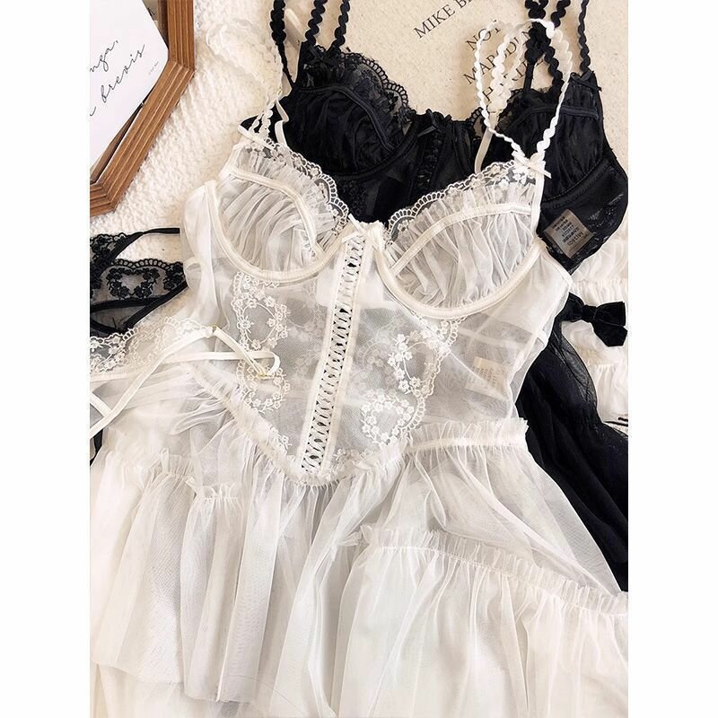 Балетный сексуальный кружевной бюстгальтер с вышивкой, прозрачная сетка, красивый задний ремень, с косточками, пуш-ап, ночная сорочка, нижнее белье