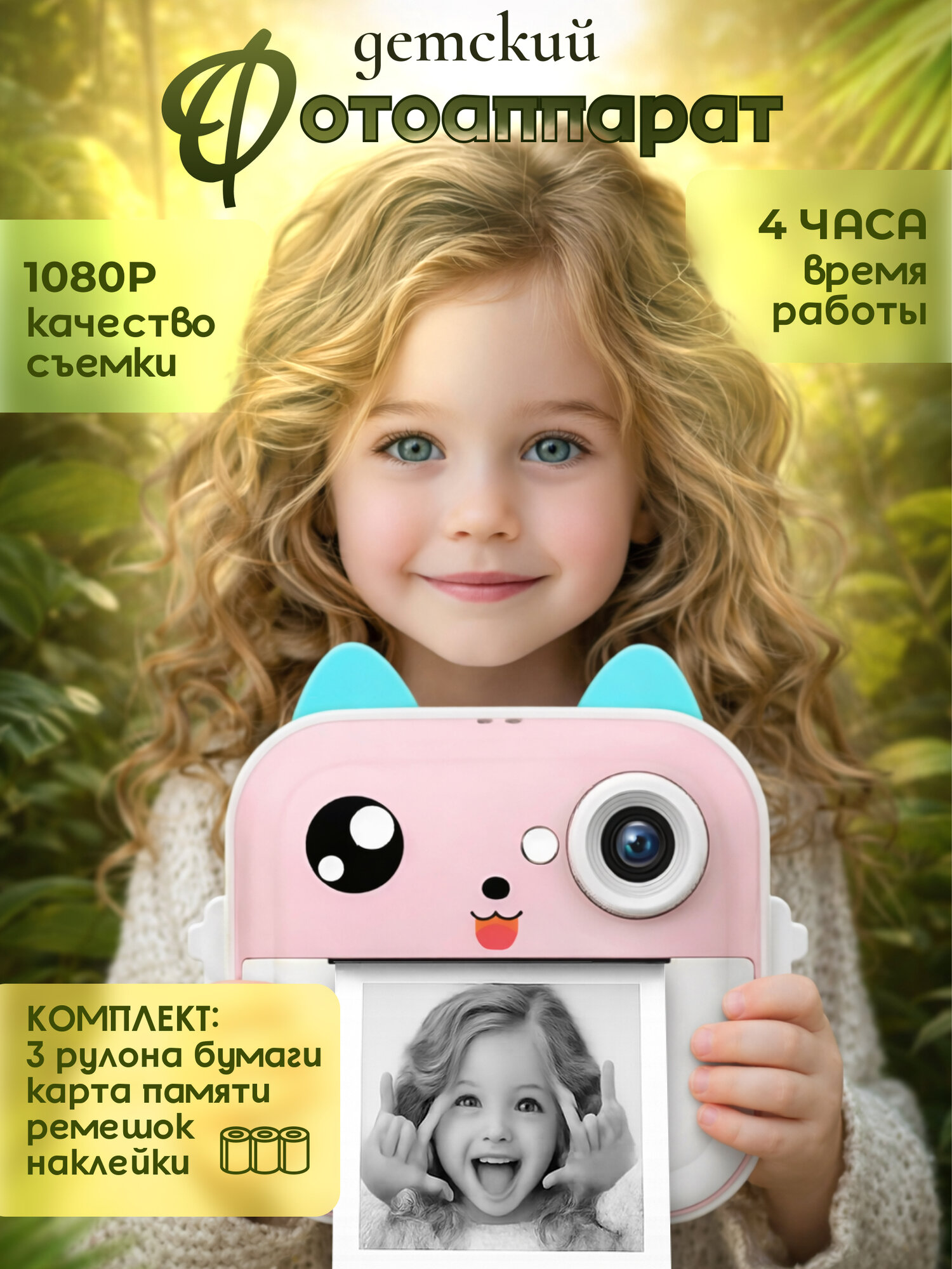 Детский фотоаппарат моментальной печати, встроенные игры, MP3 плеер, печать фото с телефона, розовый (Q51)