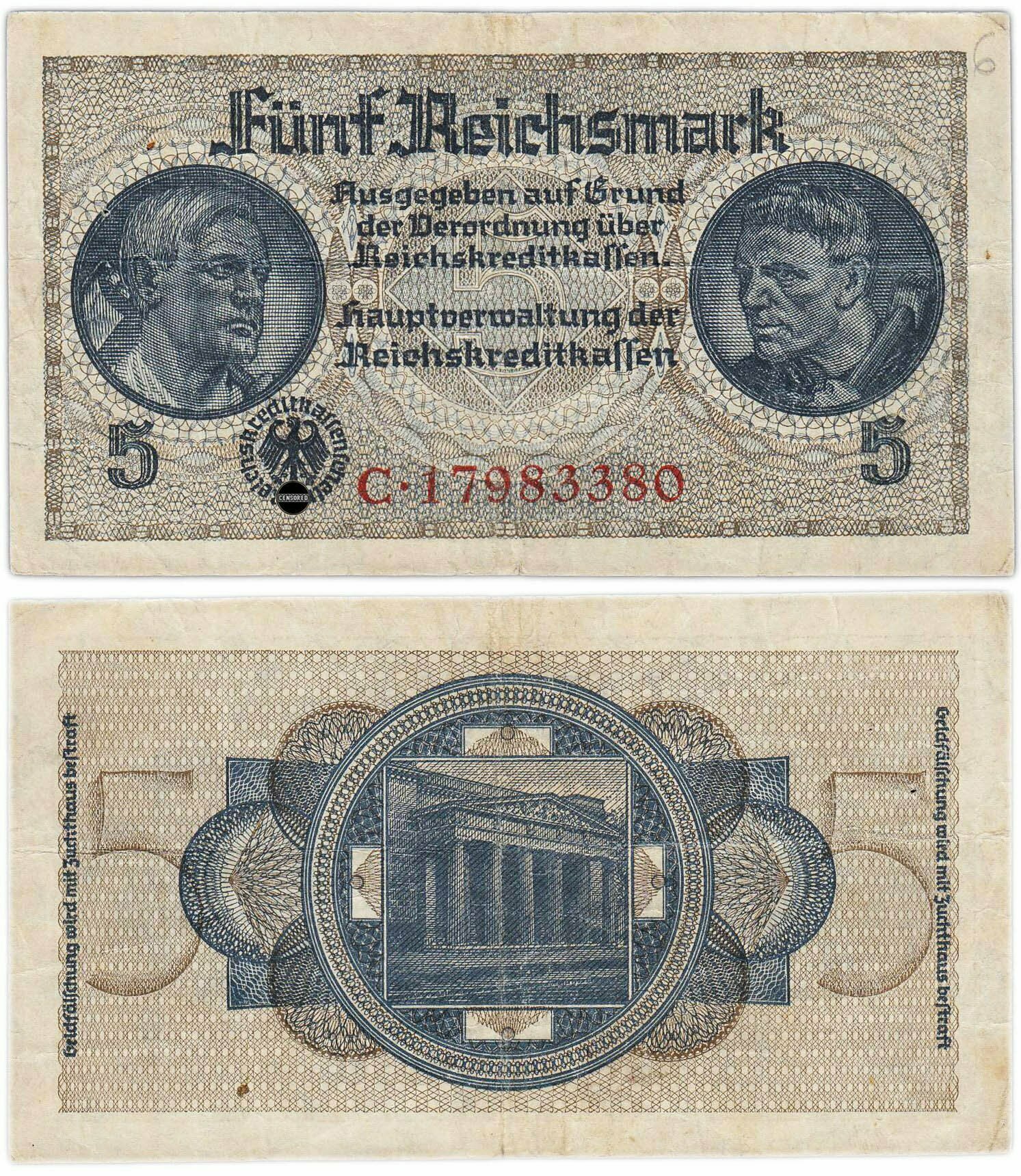 Германия 5 рейхсмарок reichsmark 1940-1945 "Немецкие оккупационные территории"