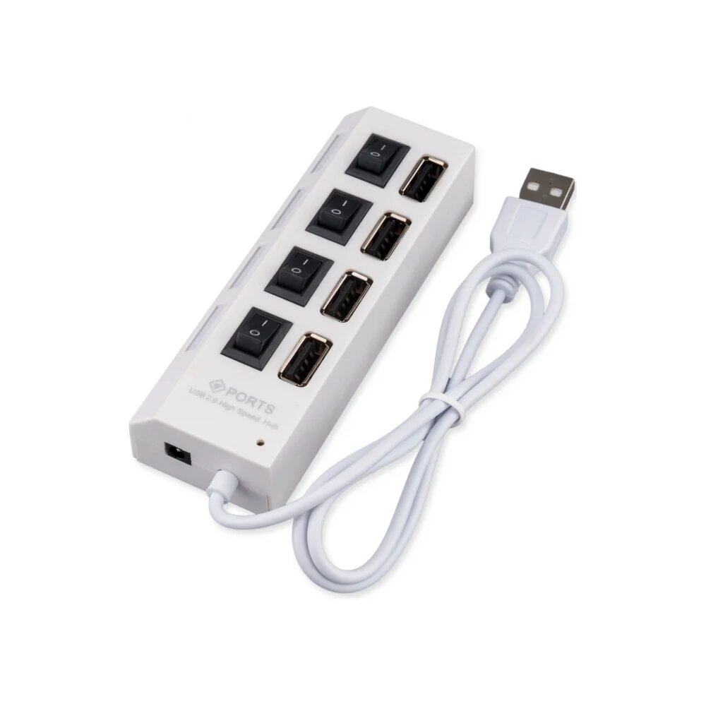 Разветвитель Gembird USB2.0, 4хUSB, с доп. питанием, подсветка и выключатели, кабель USB 55см, белый, коробка UHB-243-ADW