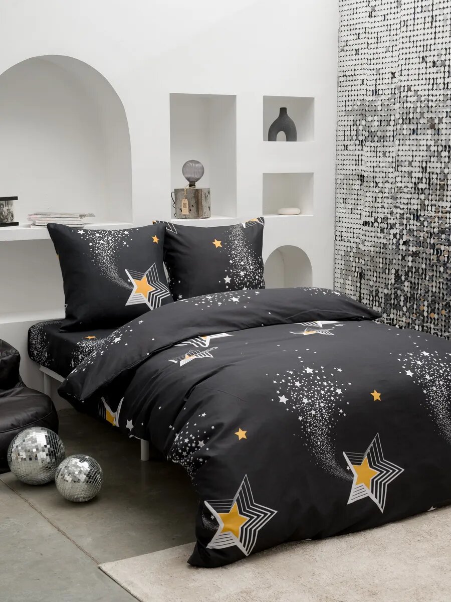 Постельное белье Kamtex "Звезда", 1,5 спальное, полиэстер, черное,