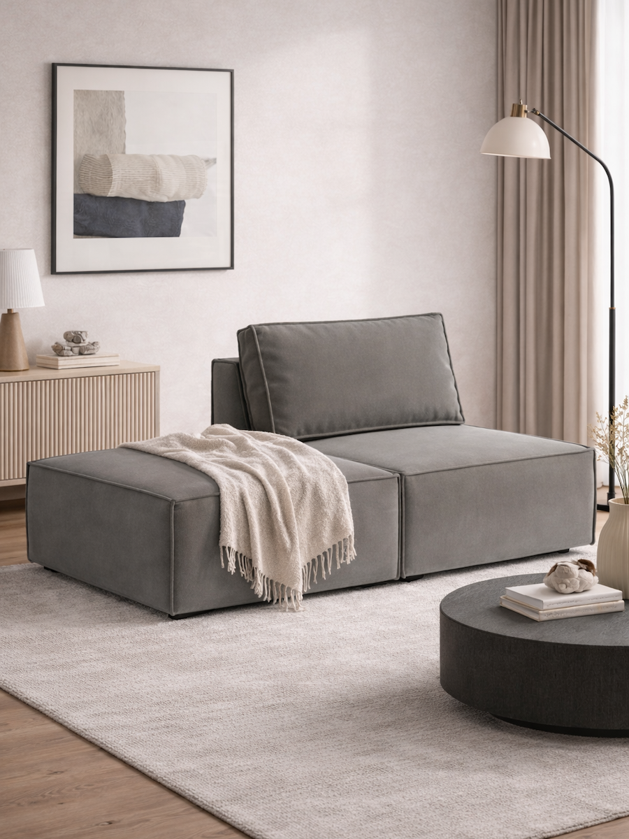 Модули диван и пуф Гамма 170х95х70 см, независимый пружинный блок, левый велюр серый