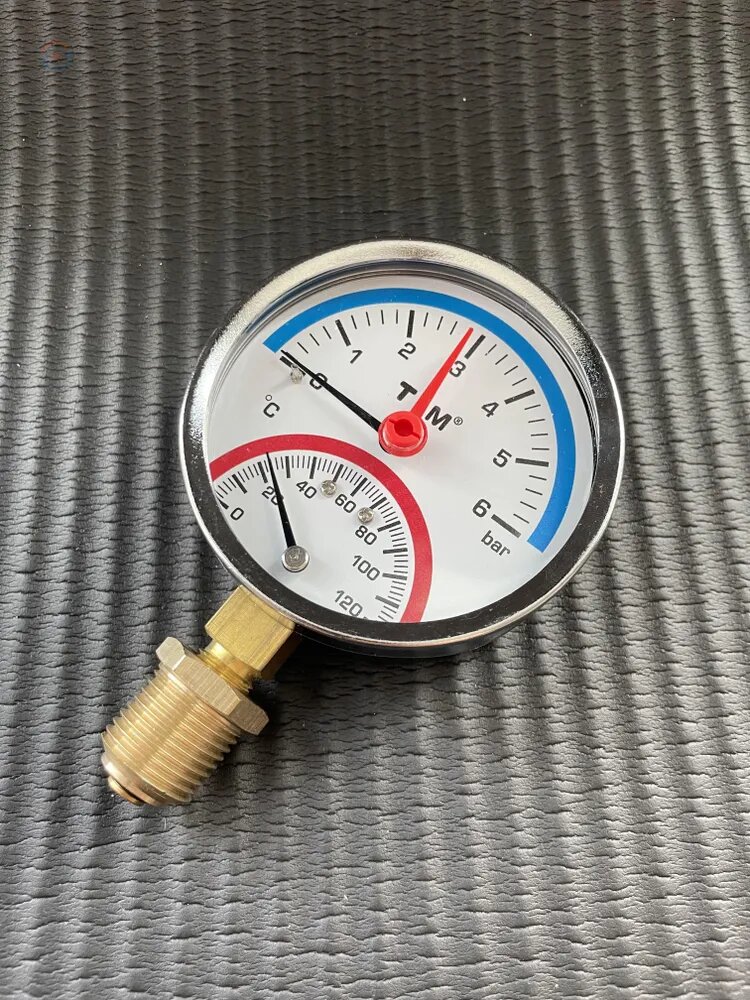 Термометр для смесителя с манометром, радиальный 80 мм, 6 бар, 1/2" резьба, контроль температуры и давления воды в душе и на кухне