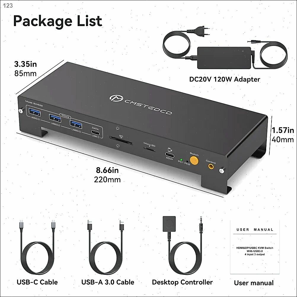 Переключатель, док-станция, 3 монитора, 2 компьютера, DP 4K@120 Гц, HDMI 4K@60 Гц, для ноутбуков и ПК с Thunderbolt, зарядка PD до 100 Вт