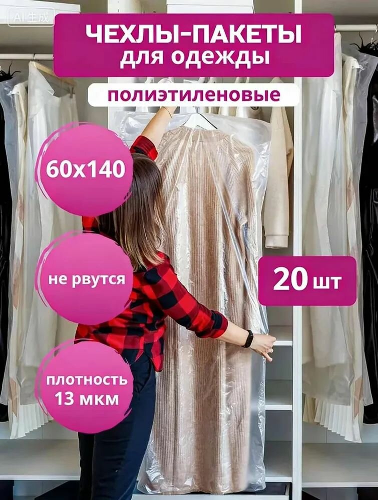 Чехол для одежды, 140 см х 60, 20 шт
