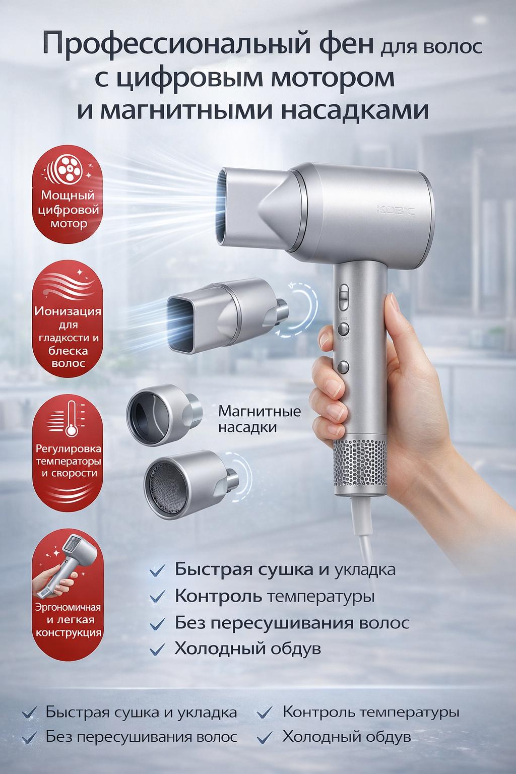 Профессиональный фен для волос с цифровым мотором, магнитными насадками и ионизацией
