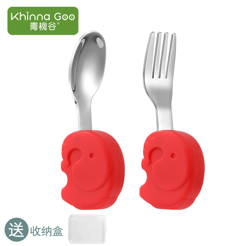 Вилка и ложка из нержавеющей стали Qinghuai Valley для обучения еде, короткая ручка, детская посуда, тренировочная вилка и ложка для детского питания