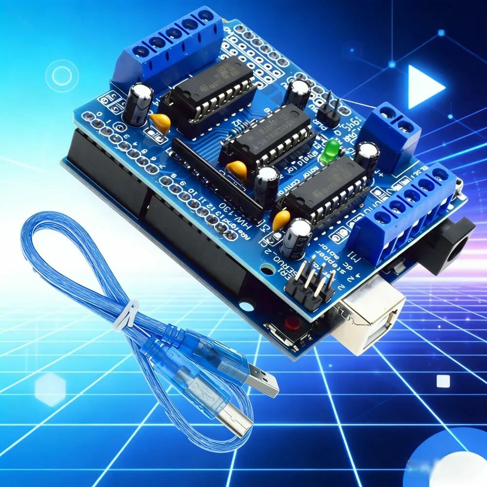 Комплект: Shield с драйвером L293D + Контроллер CH340 (полный аналог Uno R3). Для управления двигателями, роботов и автоматизации