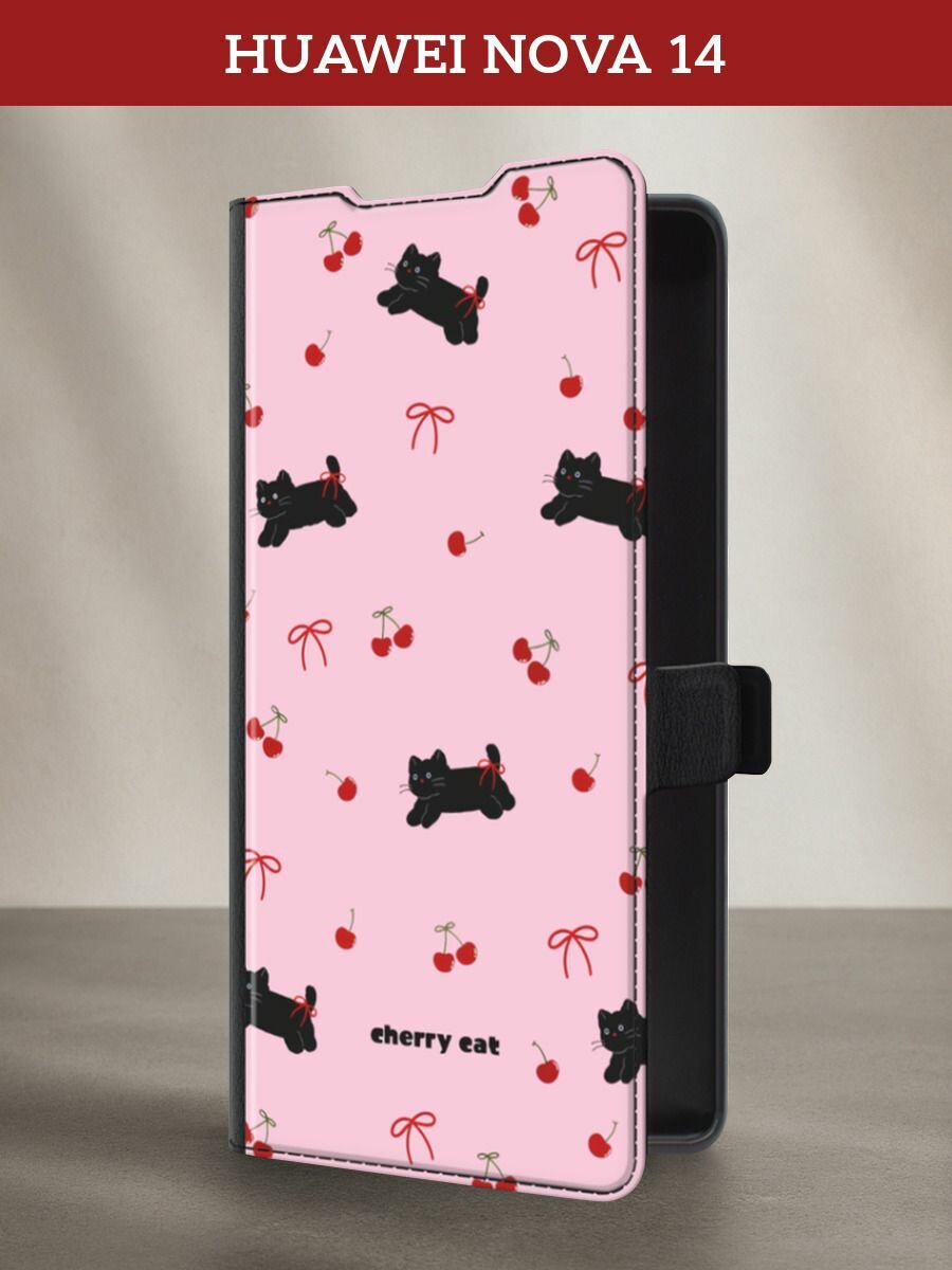 Чехол-книжка на Huawei Nova 14 / Хуавей Нова 14 с принтом Cherry cat, черный
