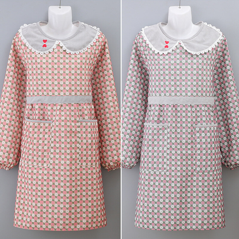 Фартук с длинным рукавом и воротником-куклой с двойными карманами, хлопковая ткань, женский фартук для дома и кухни, маслостойкий фартук для готовки