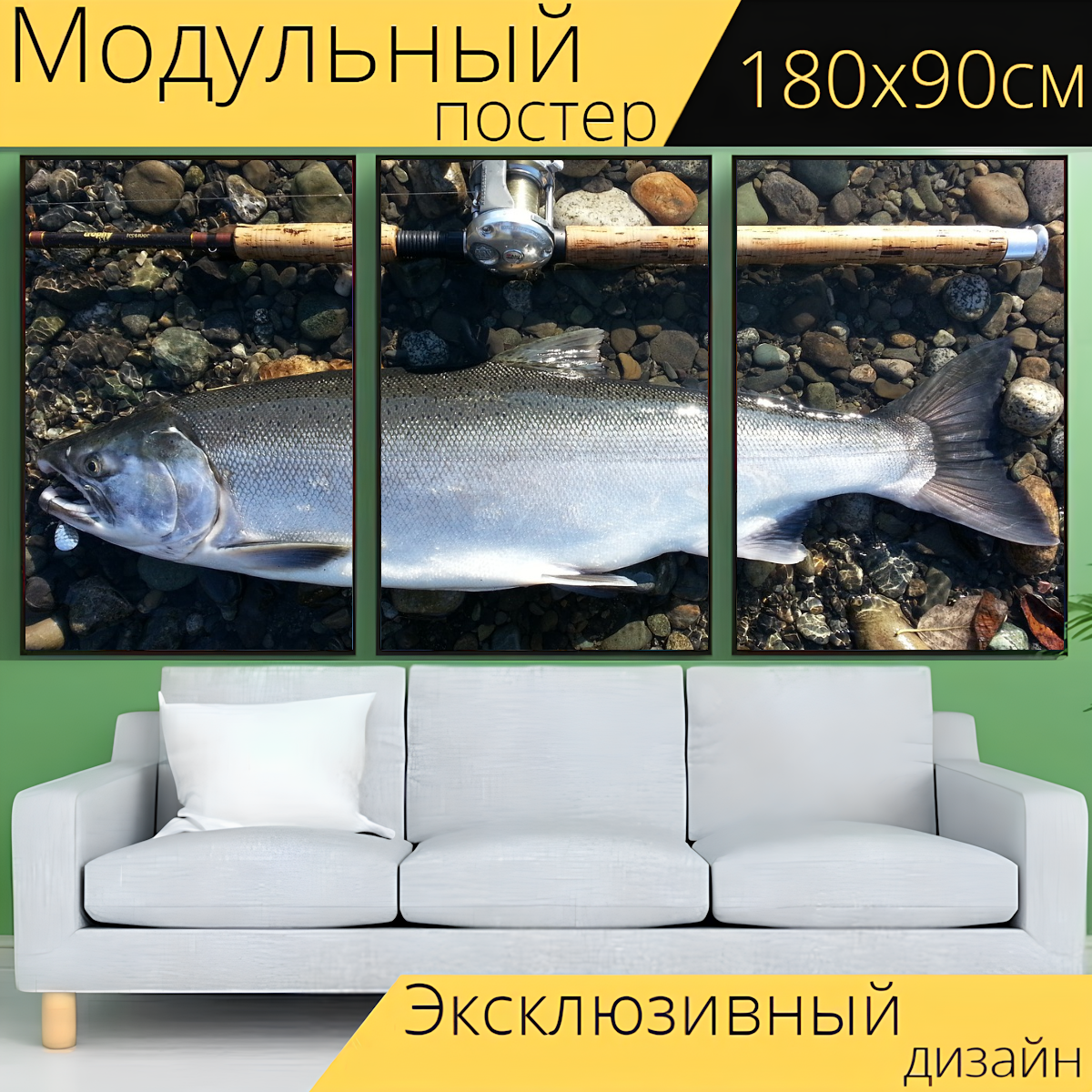 Модульный постер "Лосось, кижуч, рыбы" 180 x 90 см. для интерьера на стену в тубусе