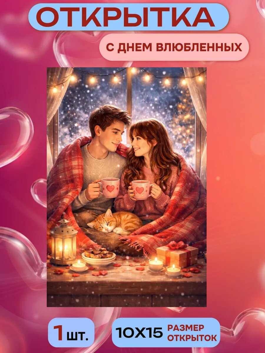 Открытка с Днем влюбленных, Святого Валентина, 1 шт 10х15 см