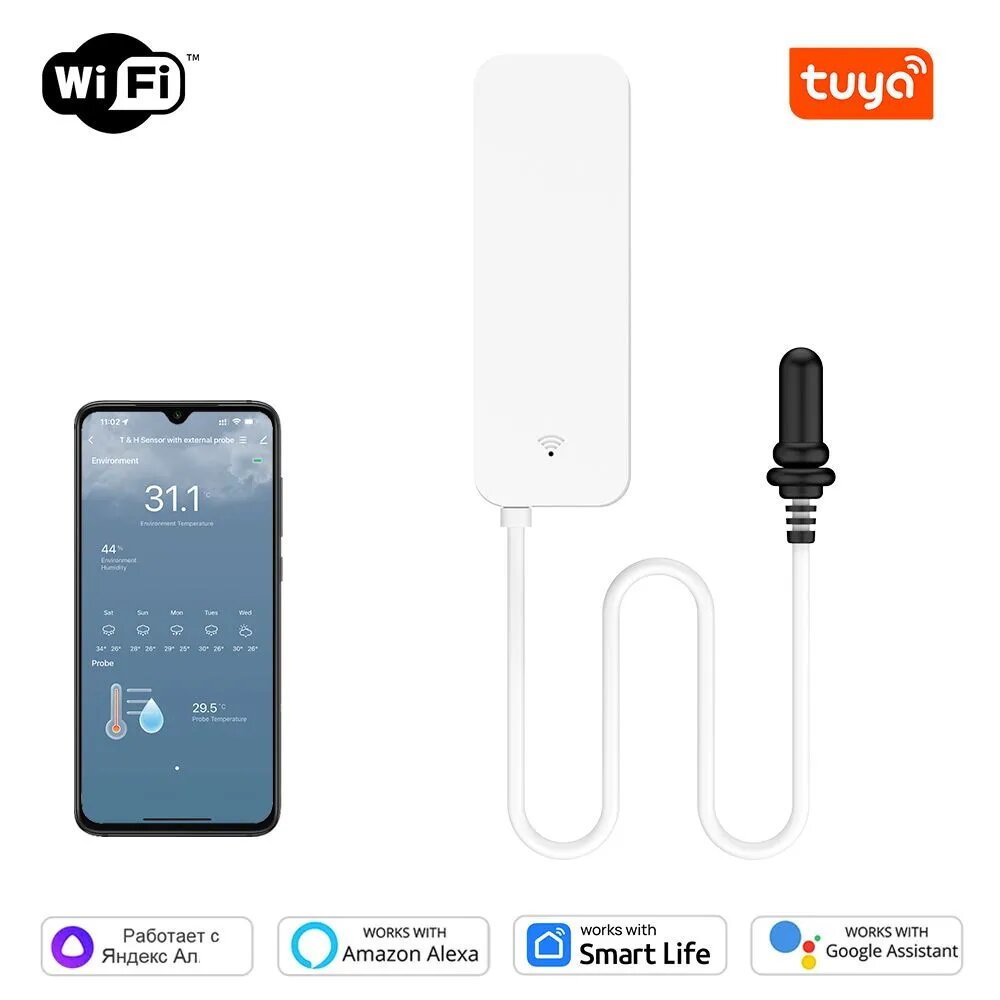 Tuya Wi-Fi Датчик температуры и влажности с выносным датчиком