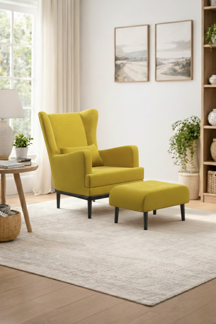 Комплект мягкой мебели кресло и пуф Оскар антивандальный велюр yellow