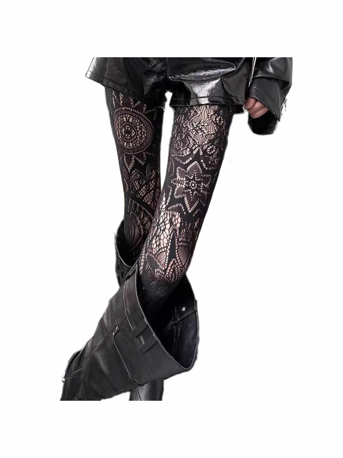 Дышащие нейлоновые колготки с художественной вышивкой, Черный