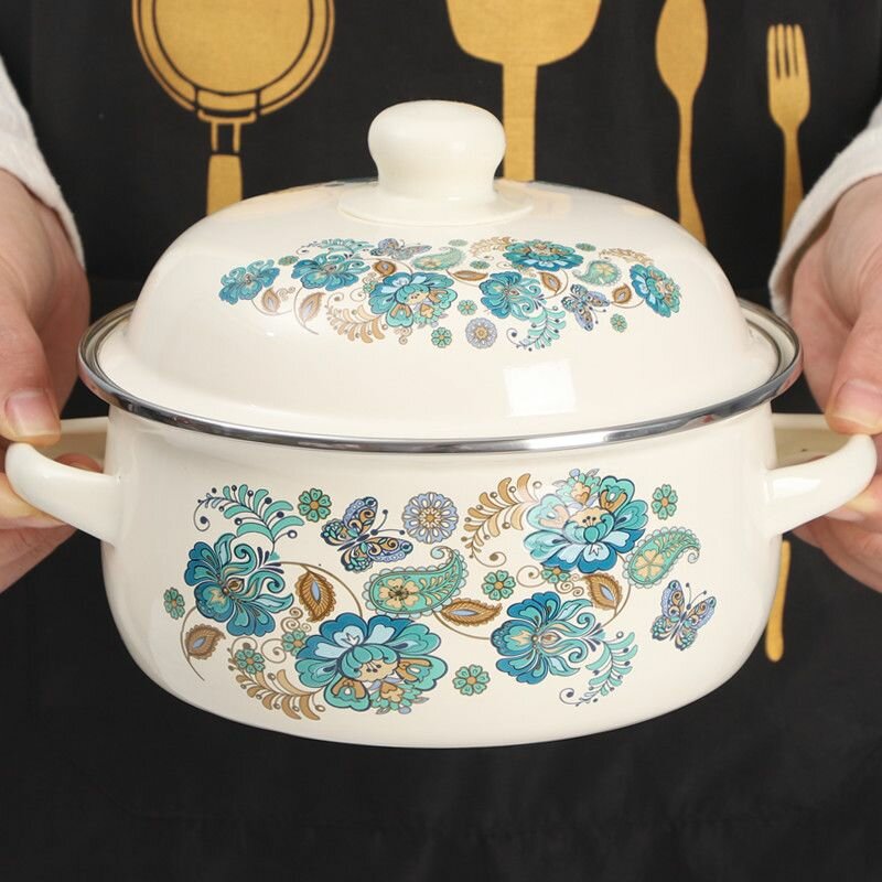 Аутентичный эмалированный горшок, эмалированный суповой горшок, горячий масляный маленький горшок, горшок с двумя ручками, горшок для тушенки, горшок для лапши быстрого приготовления, горшок для сала с крышкой для газа