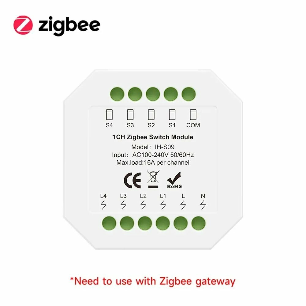Модуль умного дома Zigbee 4х канальный IH-S09 16А, подключение к Tuya, требует шлюза Zigbee