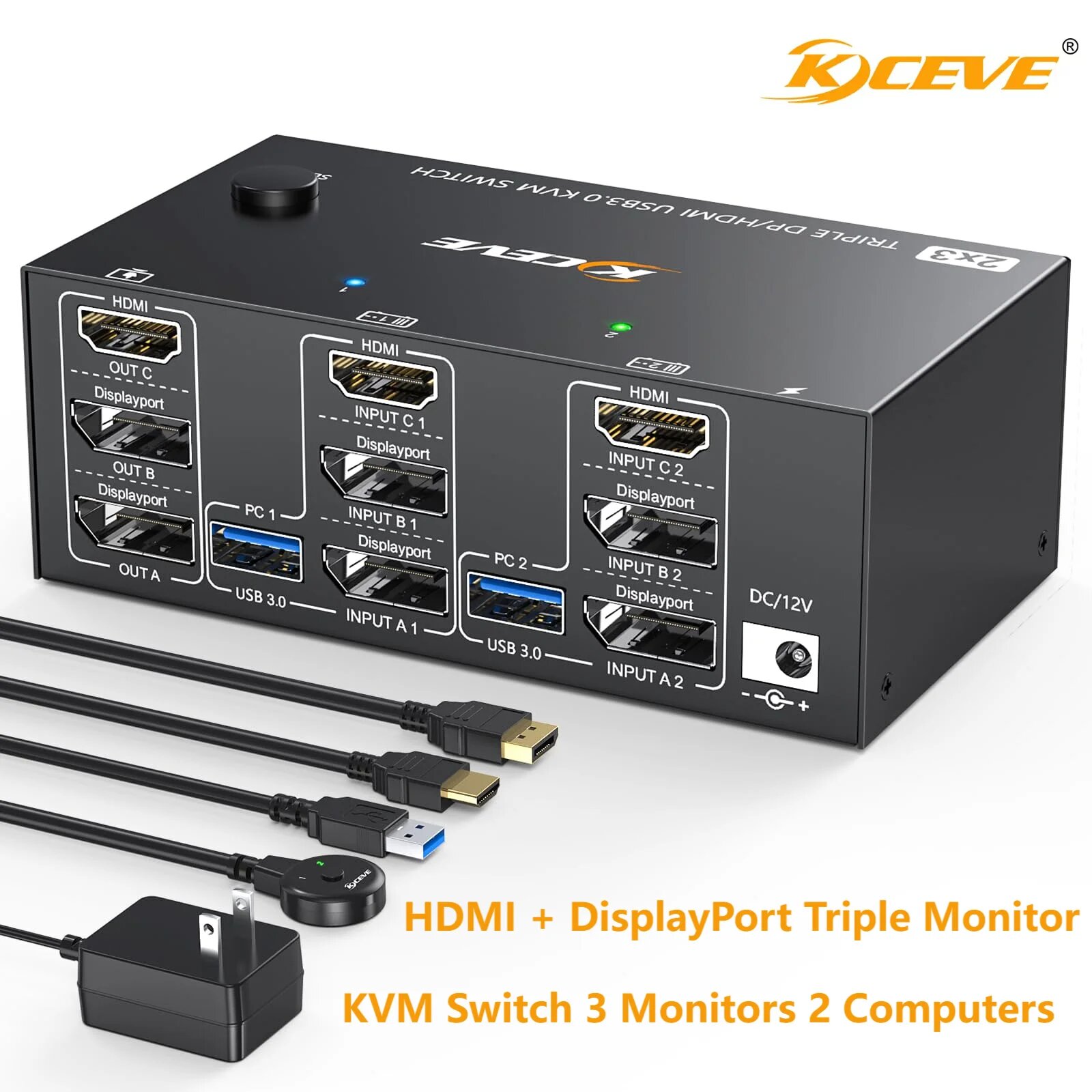 KVM-переключатель 2 монитора 3 компьютеров USB 3.0 HDMI 2 in 3 out 1HDMI2DP, EU Plug