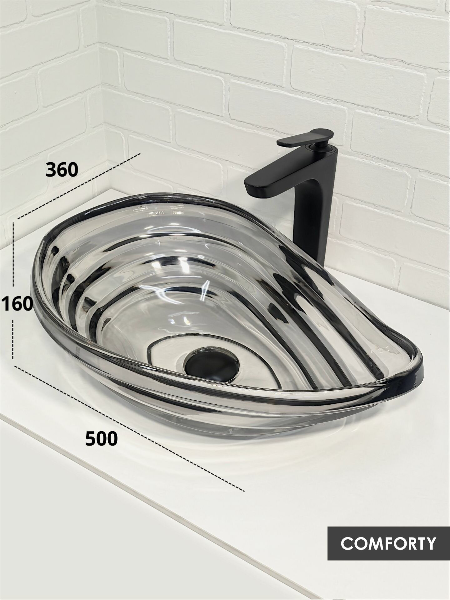 Раковина стеклянная накладная 50 см для ванной, серо-черная, Comforty CF1G67