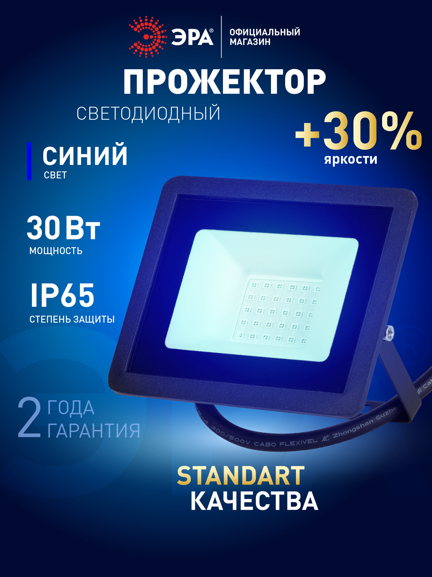 Прожектор светодиодный уличный ЭРА LPR-025 влагозащищенный от сети, 30Вт синий свет, IP65