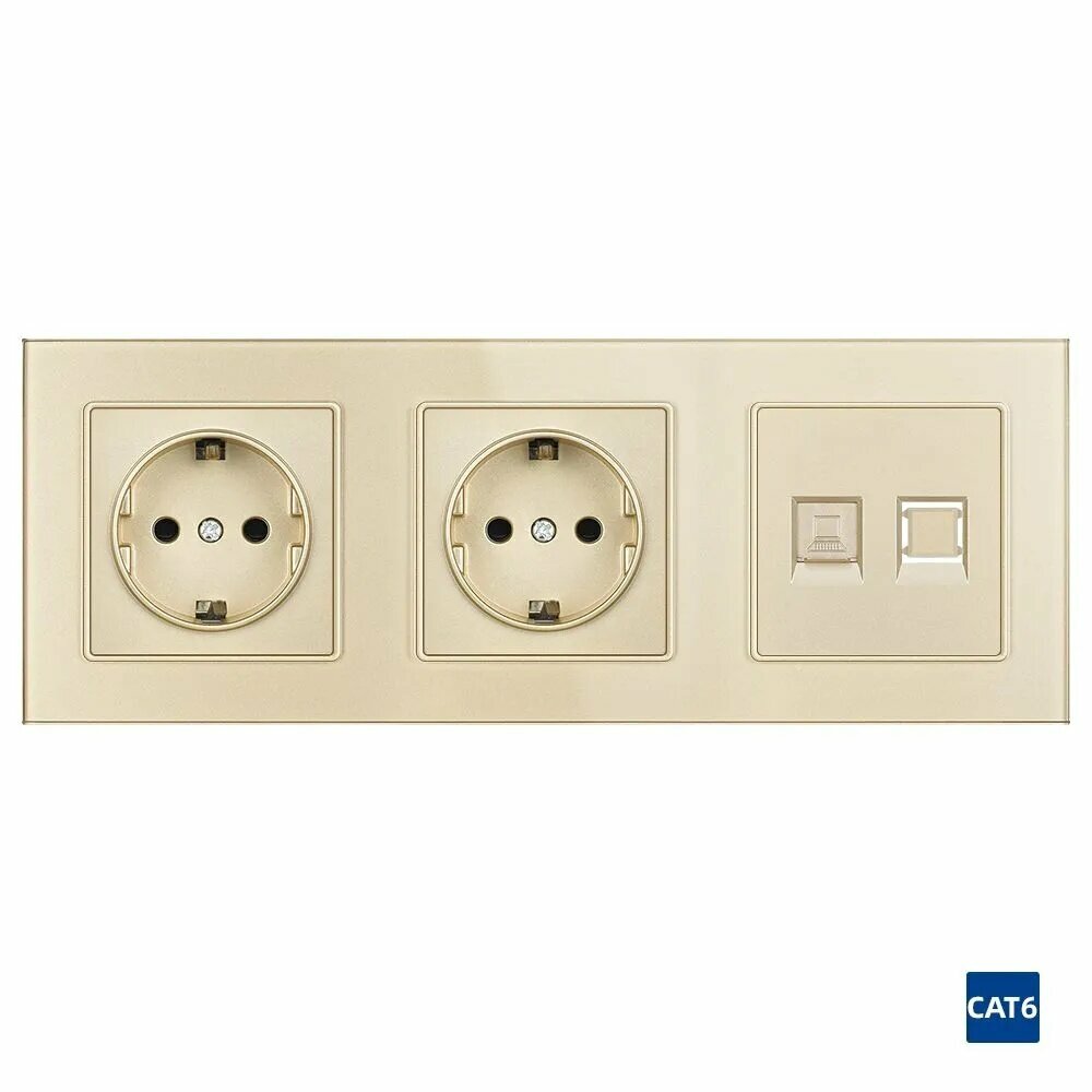 Розетка с заземлением 220В +розетка компьютерная rj45, 3 поста рамка закаленное стекло Золотой
