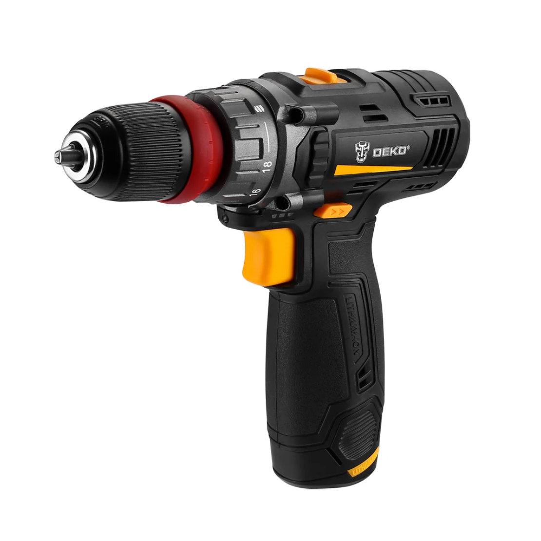 Дрель-шуруповерт аккумуляторная Deko GCD12DU3 (063-4114), 12 В, Li-Ion, 1.5 А·ч, 32 Нм, 1500 об/мин, черный