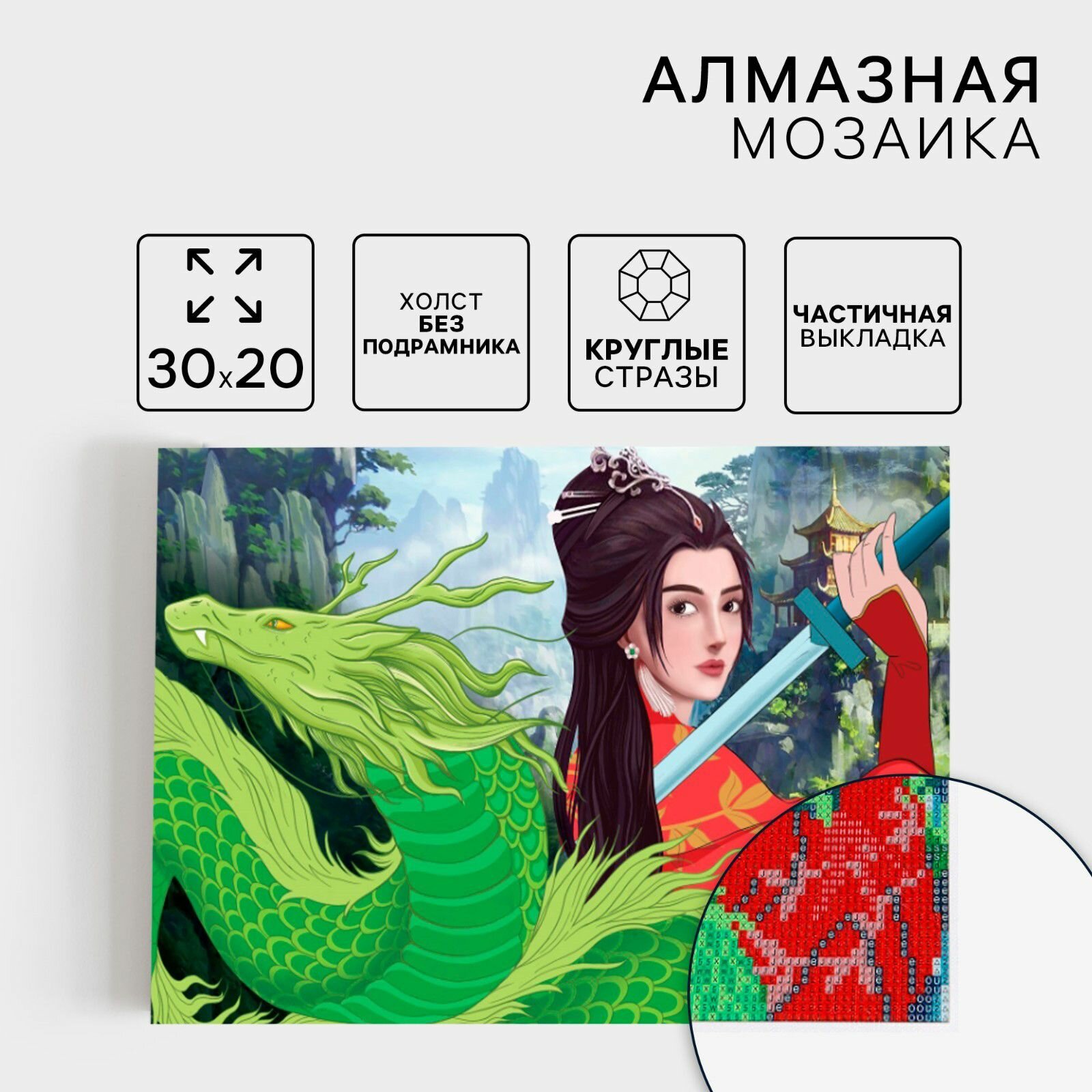 Алмазная мозаика "Девушка с драконом" с частичным заполнением на холсте, с круглыми стразами, набор для детского творчества, картина из страз своими руками, развитие мелкой моторики, 20 х 30 см