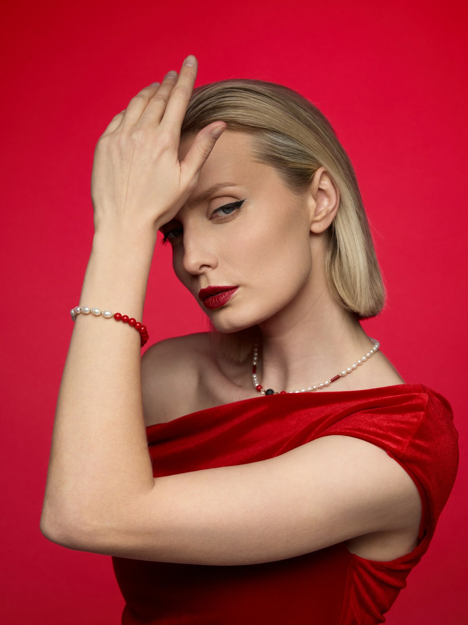 Браслет-нить TAKE FIVE JEWELRY, коралл, жемчуг пресноводный культивированный, 1 шт., размер 17 см, размер one size, красный — фото 1