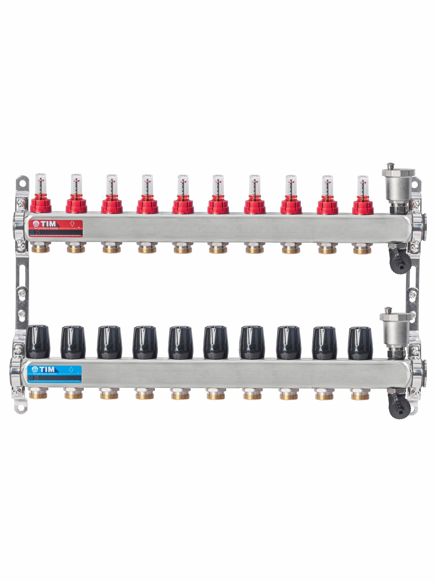 Коллекторная группа 10 контуров с расходомерами 1" * 3/4" E, с дренажными кранами и воздухоотводчиками нерж. сталь, TIM, KCS5010