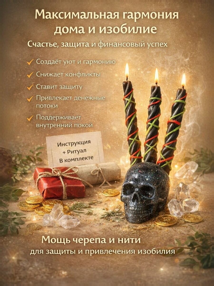 Череп Амулет + Свечи 3 шт Счастье, Защита, Финансовый Успех,