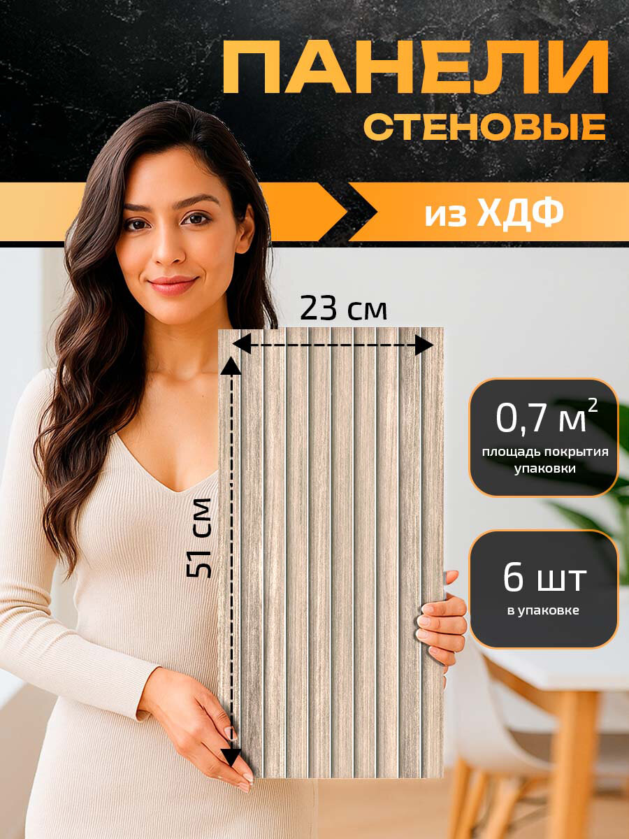 Декоративные стеновые панели, для стен, ХДФ, толщина 3 мм, бежевые, размер 51 см x 23 см