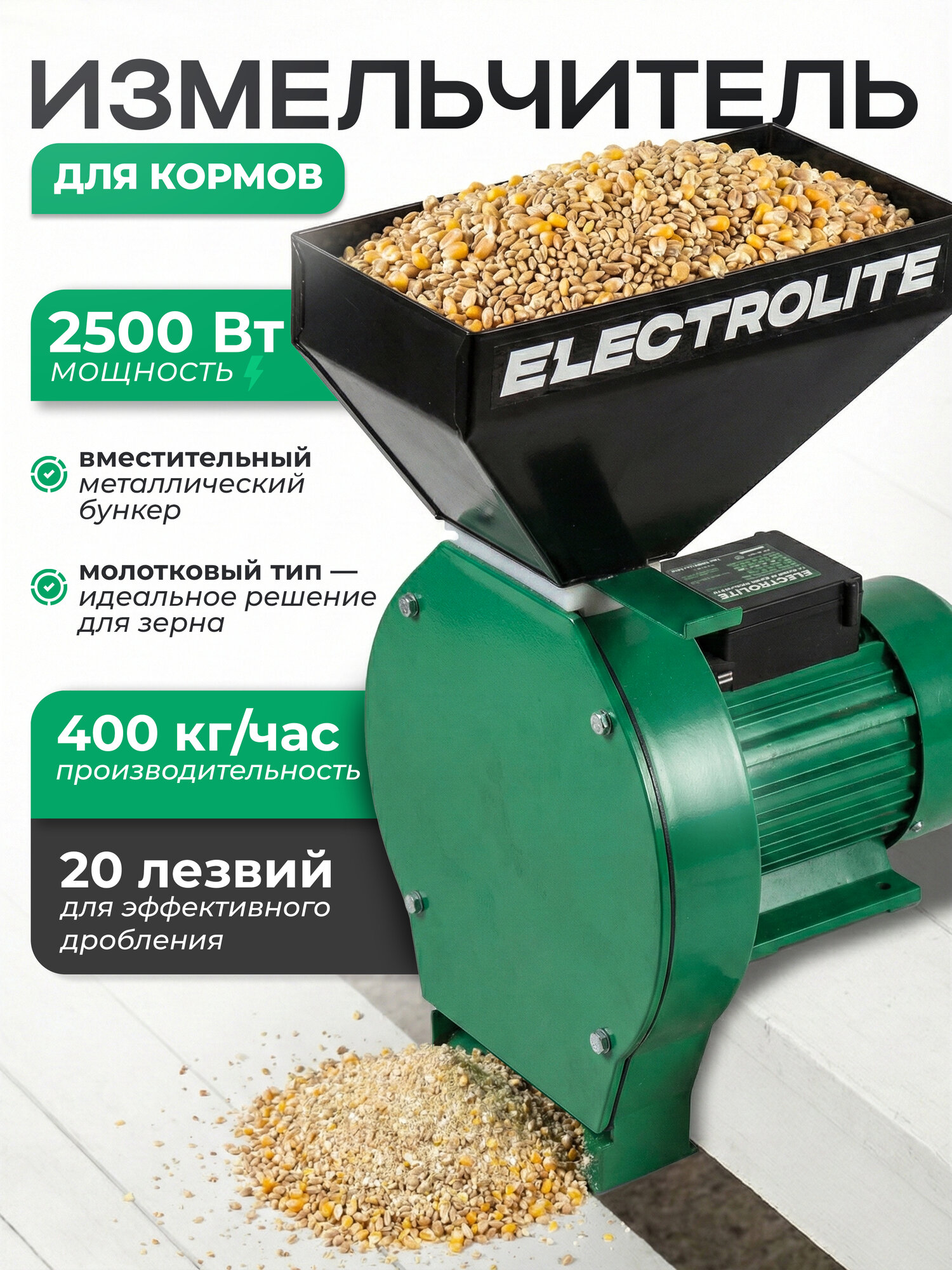 Зернодробилка для домашнего хозяйства ELECTROLITE ИЗБ-1 ( 2500 Вт, 400 КГ/Ч Производительность, 4 Сита)