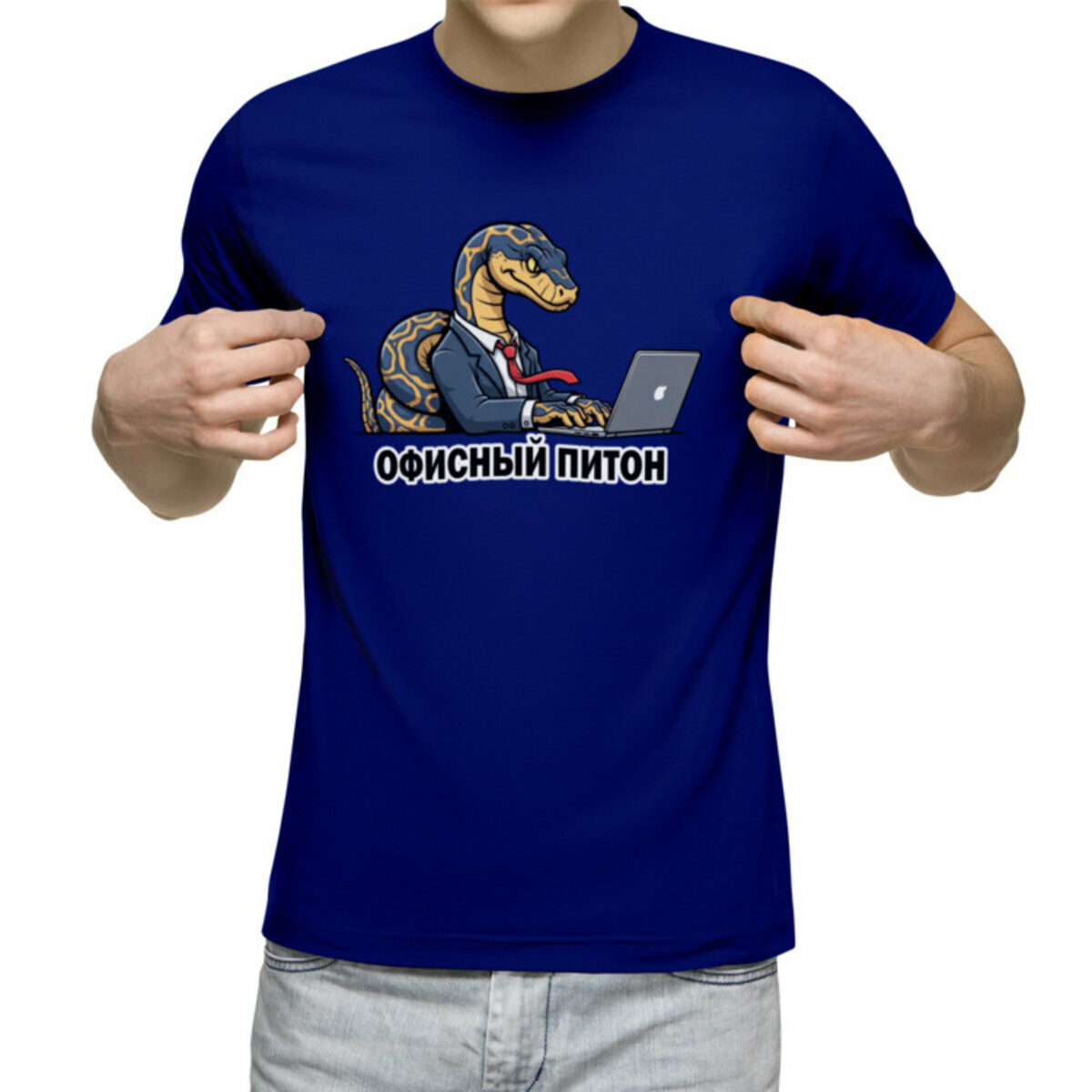 Мужская футболка «Офисный питон за ноутбуком.» (синий, XL)