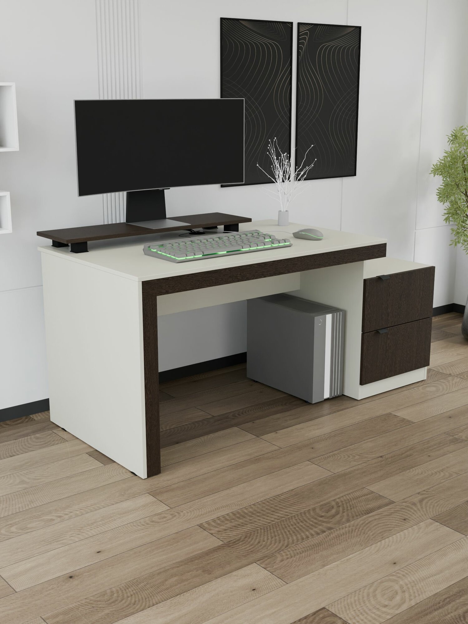 Изумлит Стол компьютерный для офиса и дома Вертикаль Компакт Лайт 165х73х74.5 см, тумба справа, бежевый-венге