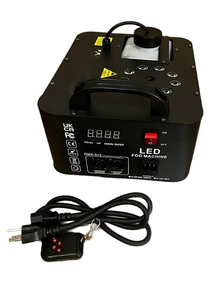 Дым машина LED FOG MACHINE для сцены, черный цвет, мощность 1200 Вт, с пультом дистанционного управления