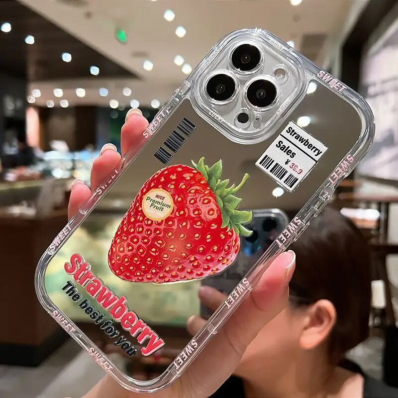 Зеркальный чехол для телефона с клубникой и арбузом для iPhone 16, 15, Красный, red, for iphone 13