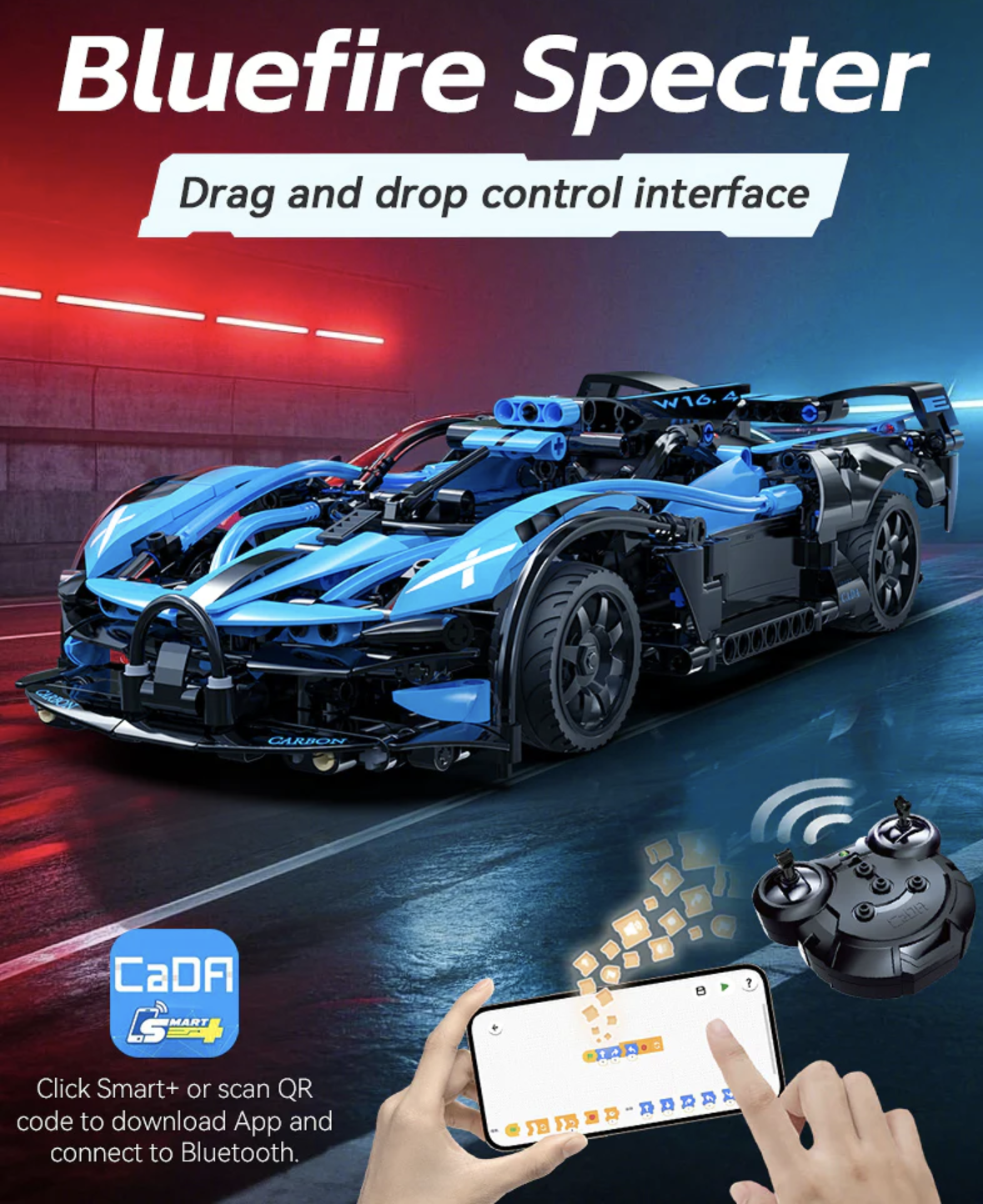 Конструктор на радиоуправлении CaDA «Призрак синего пламени» 1:14 с RC/APP управлением, 421 деталь, 6+