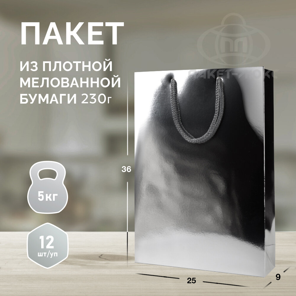 12 бумажных подарочных пакетов 25*36*9. Серебро зеркало ВИП, вертикальные
