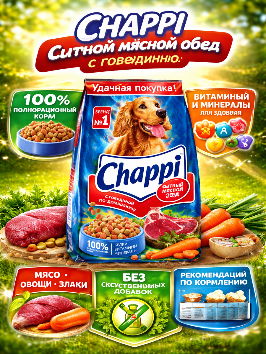 Корм сухой Chappi Сытный мясной обед для взрослых собак всех пород с говядиной по-домашнему, 2.5кг