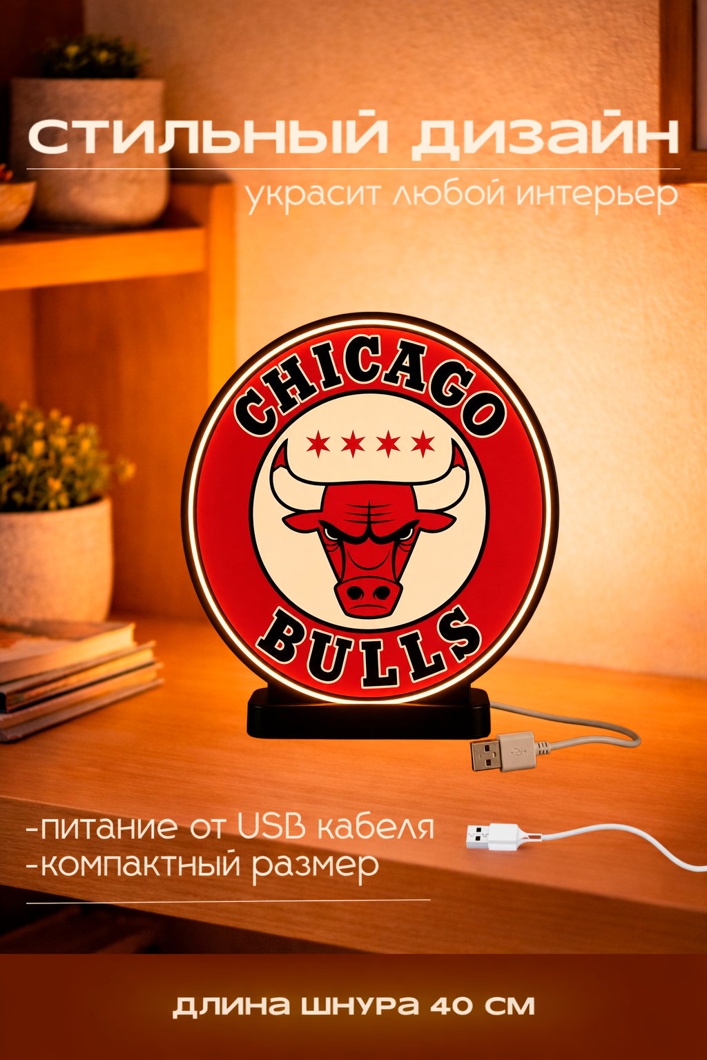 Светильник RayPlay "Chicago Bulls", сенсорный, RGB, 10 светодиодов