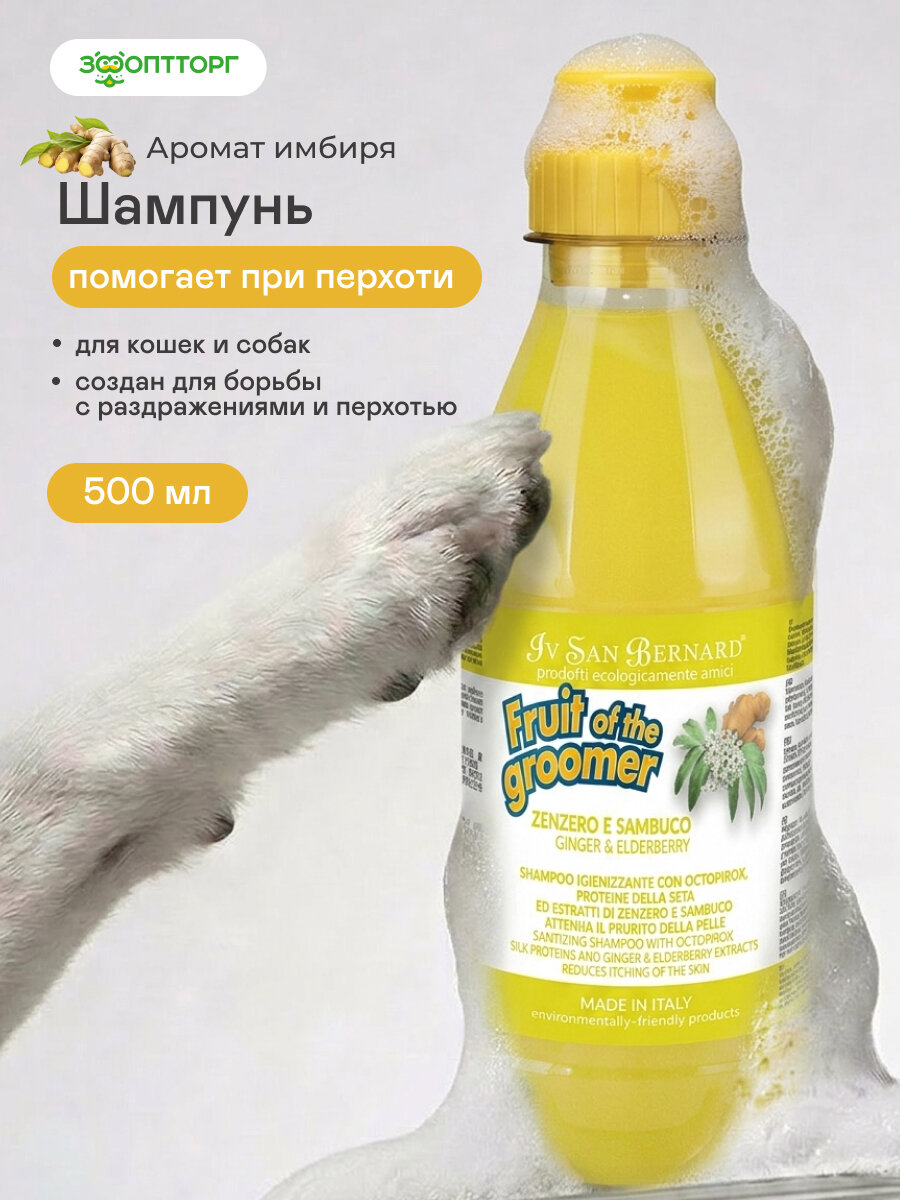 Шампунь Iv San Bernard Fruit of the Grommer Ginger&Elderbery для кошек и собак против раздражений и перхоти, 500 мл