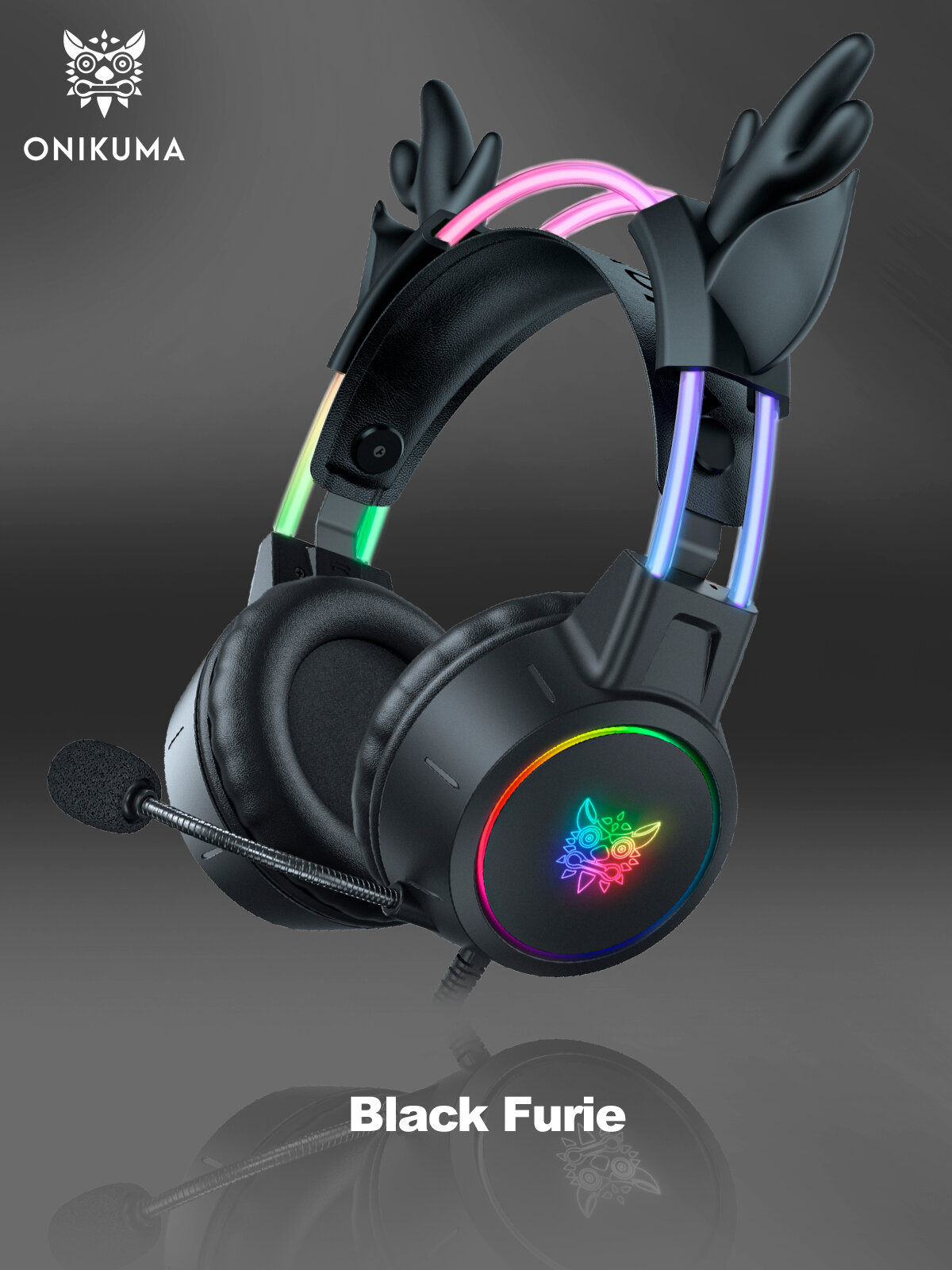 Наушники проводные ONIKUMA Black Furie черные с оленьими ушками и подсветкой