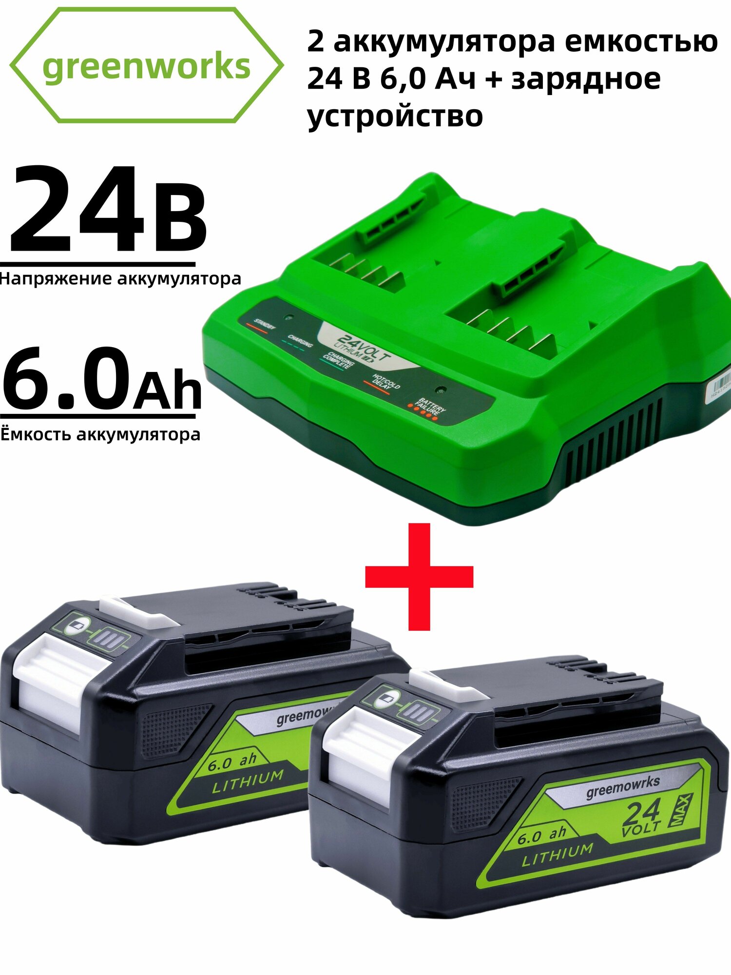 Аккумулятор для Greenworks 24В 6.0Ач, комплект 2 аккумулятора + 1 зарядное устройство