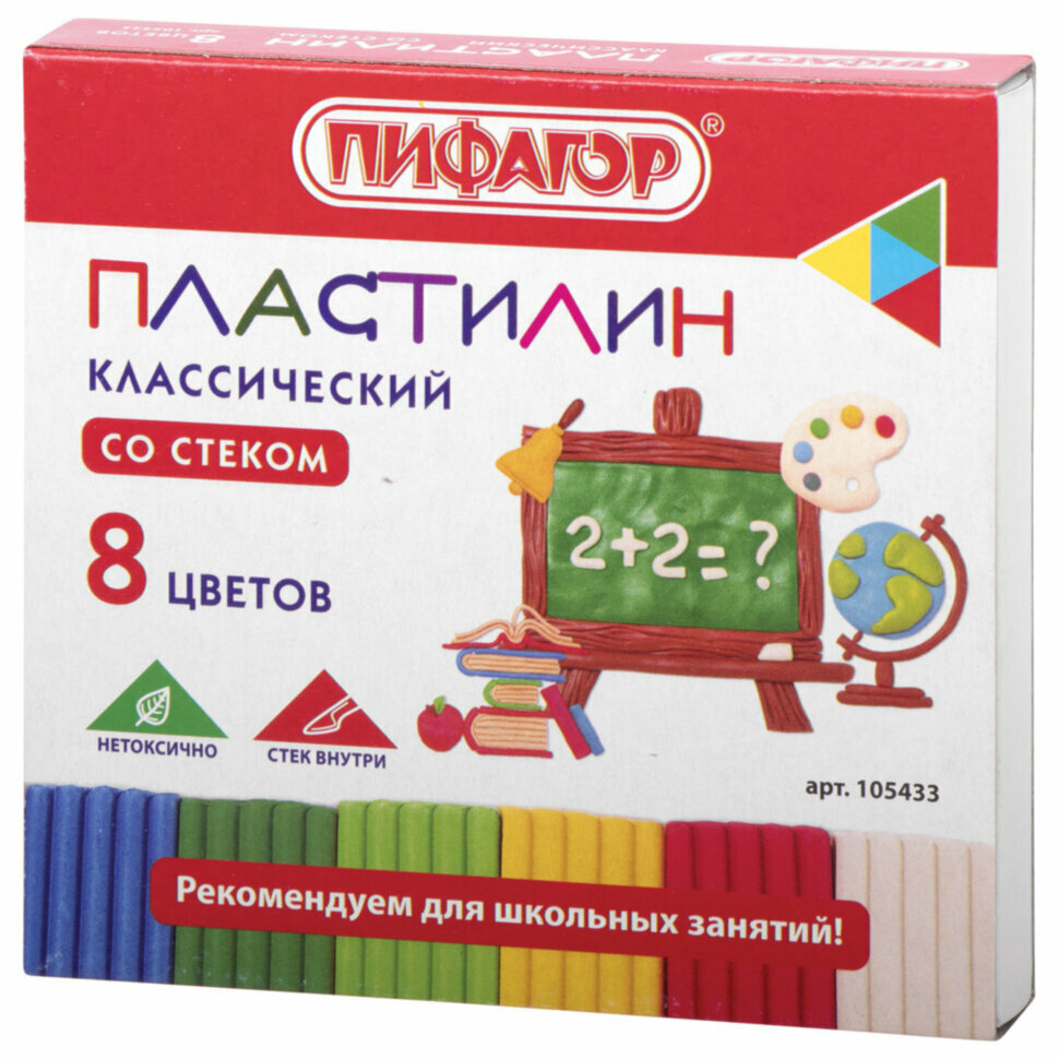 Пластилин классический пифагор школьный, 8 цветов, 120 г, со стеком, 105433, 105433