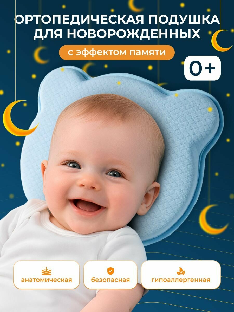 Подушка для новорожденных ортопедическая голубая