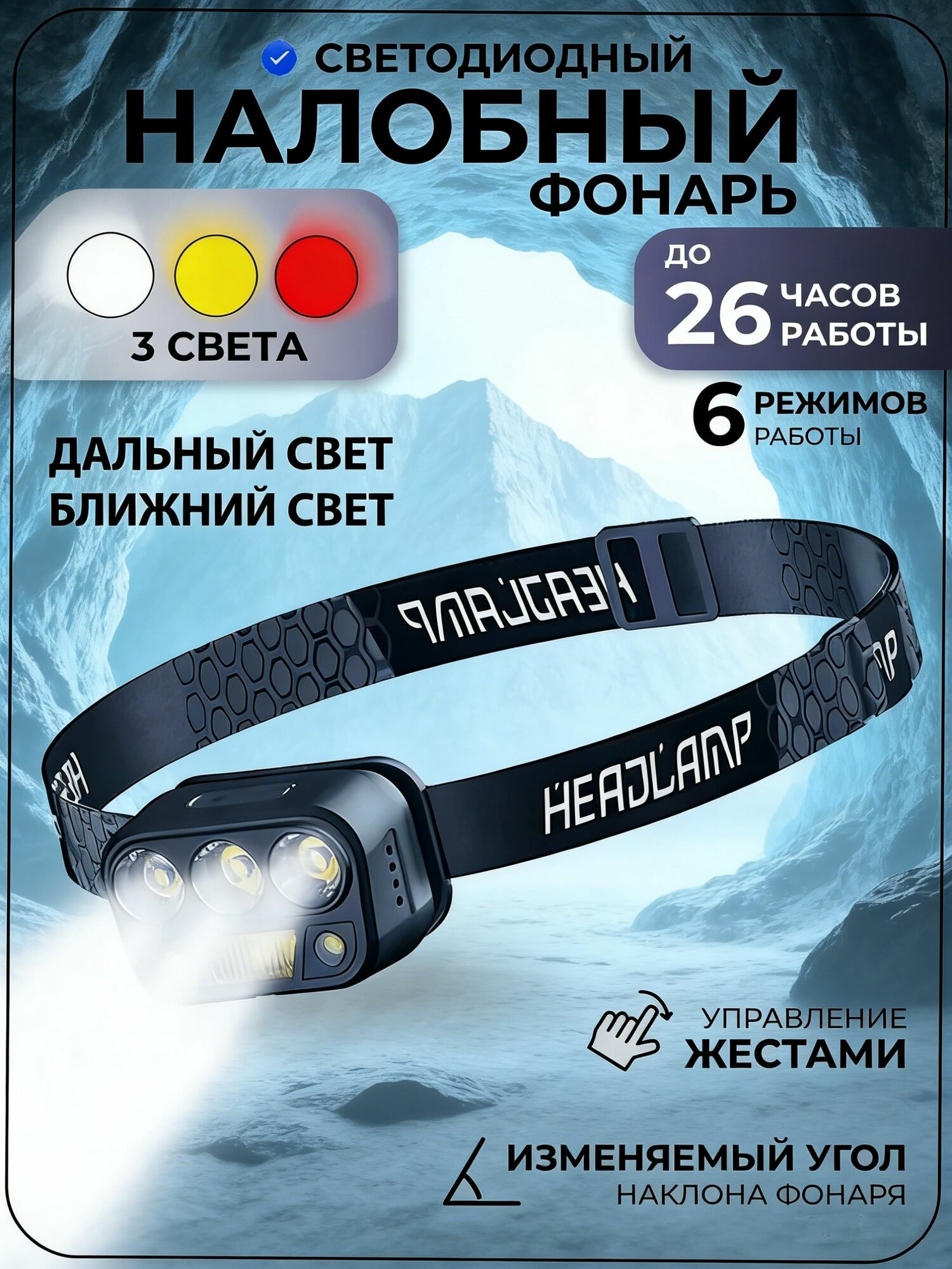 Фонарик налобный сенсорный, светодиодный LED COB фонарик аккумуляторный, для похода, работы, охоты, рыбалки